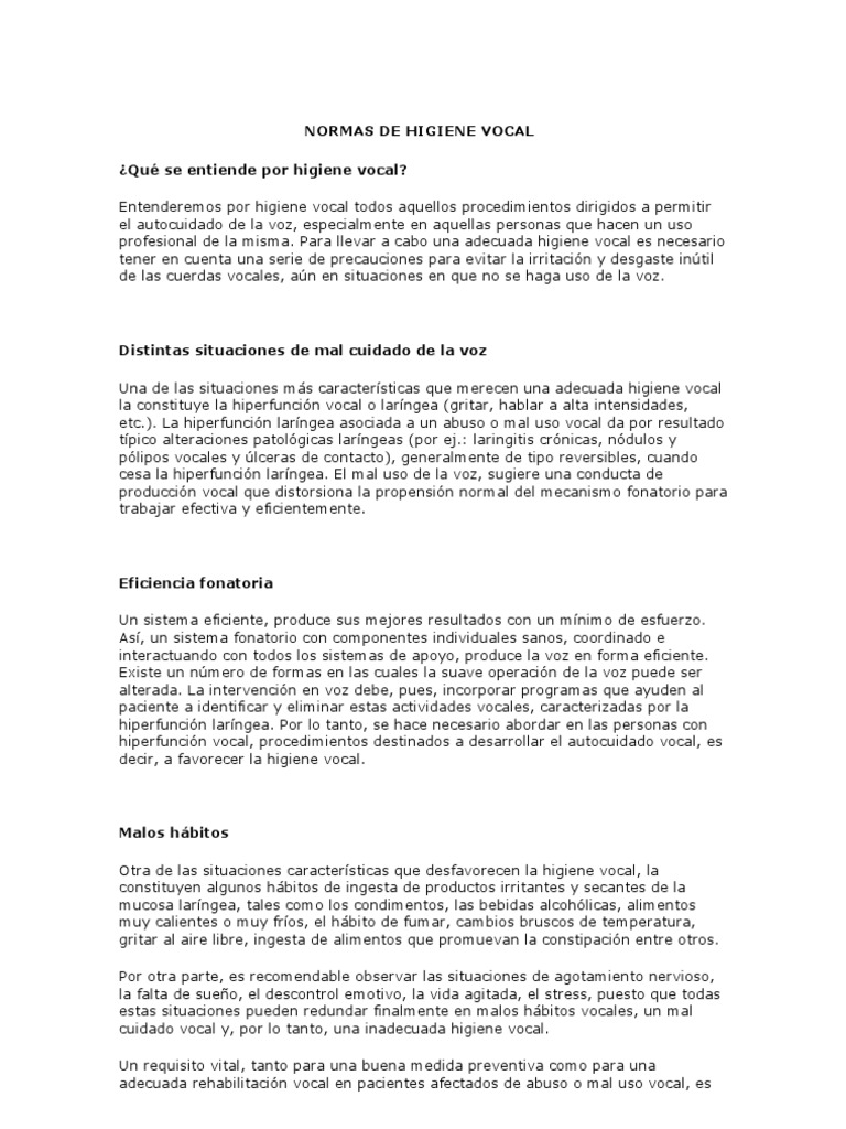 Normas de Higiene Vocal | PDF | Vocal | Enfermedades y trastornos