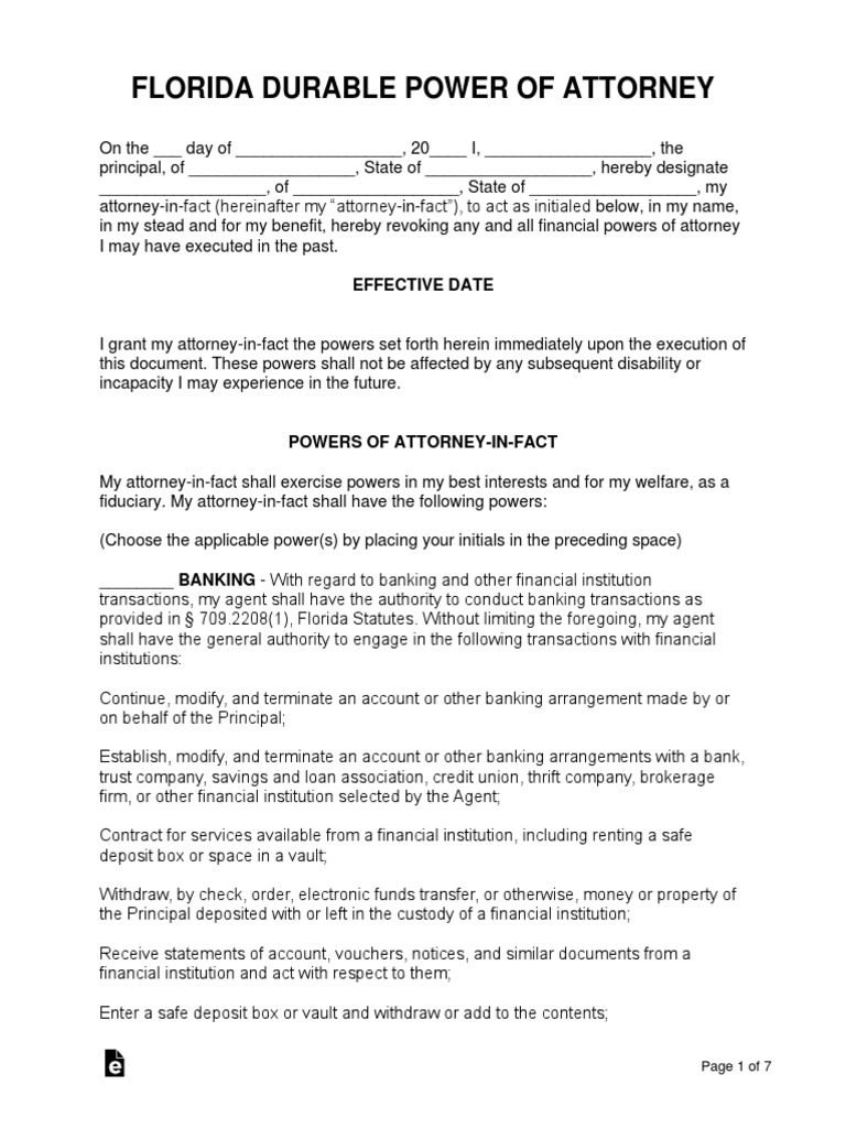 Florida Durable Power of Attorney: Effective Date | PDF | Power Of ...
