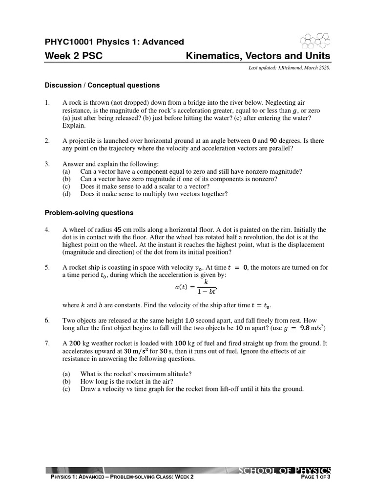 Week 2 PSC Kinematics, Vectors and Units: PHYC10001 Physics 1: Advanced ...