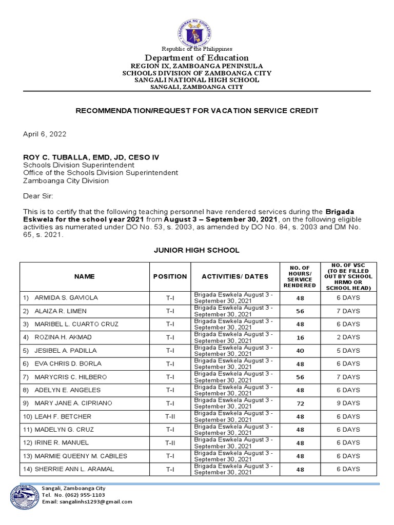 Department of Education: Recommendation/Request For Vacation Service ...