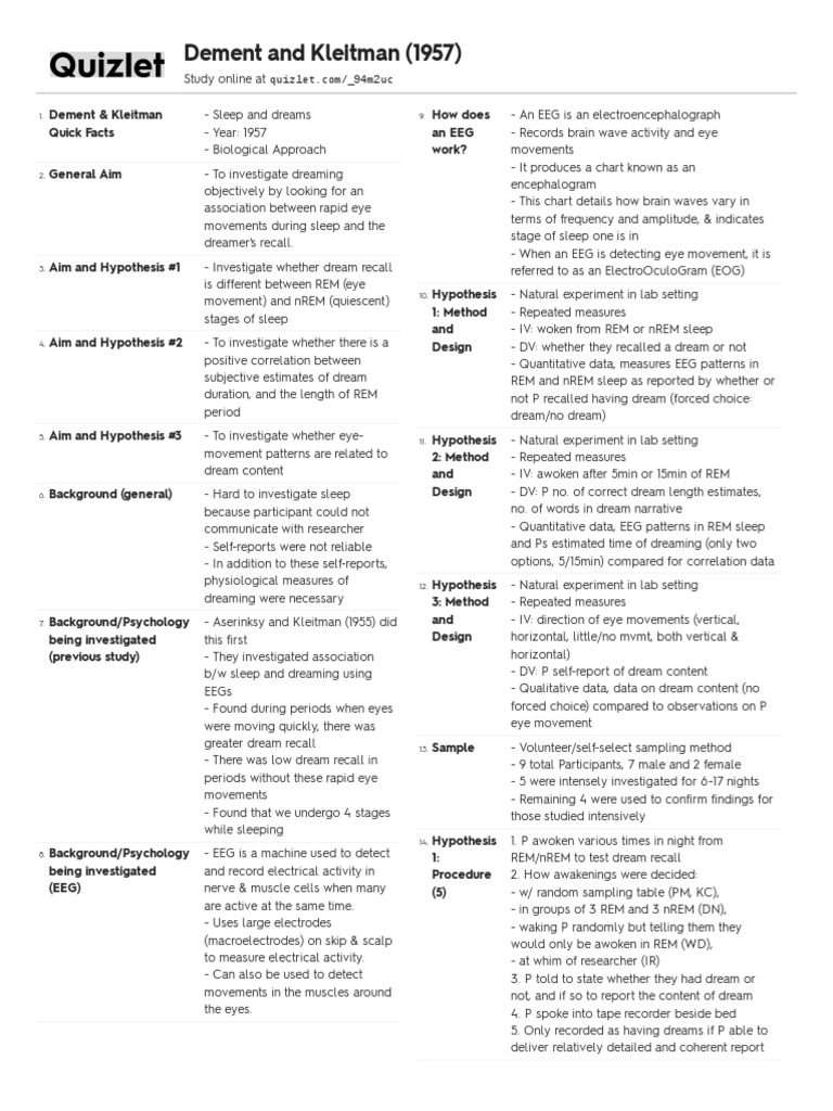 Dement and Kleitman Flashcards | PDF | Rapid Eye Movement Sleep | Sleep