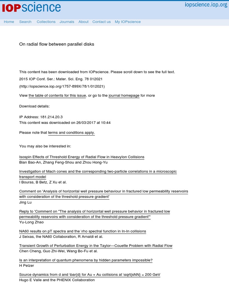 On Radial Flow Between Parallel Disks | PDF | Fluid Dynamics | Navier ...