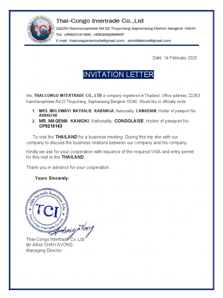 Invitation Letter: MR. MAGEMA KANIOKI, Nationality: CONGOLAISE, Holder ...