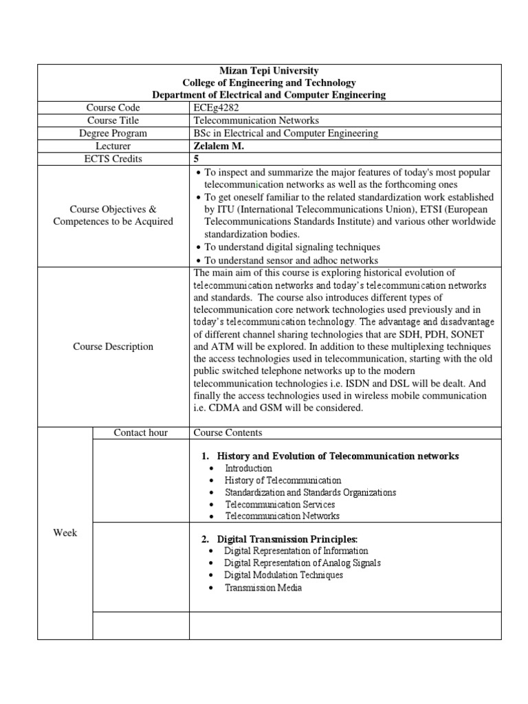 Telecom Course Outline Pdf Telecommunications Computer Network