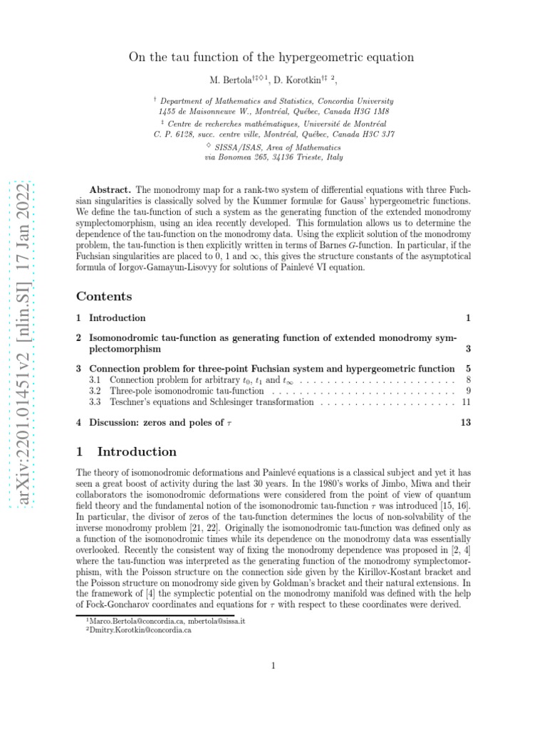 On The Tau Function of The Hypergeometric Equation | PDF | Topology | Complex Analysis