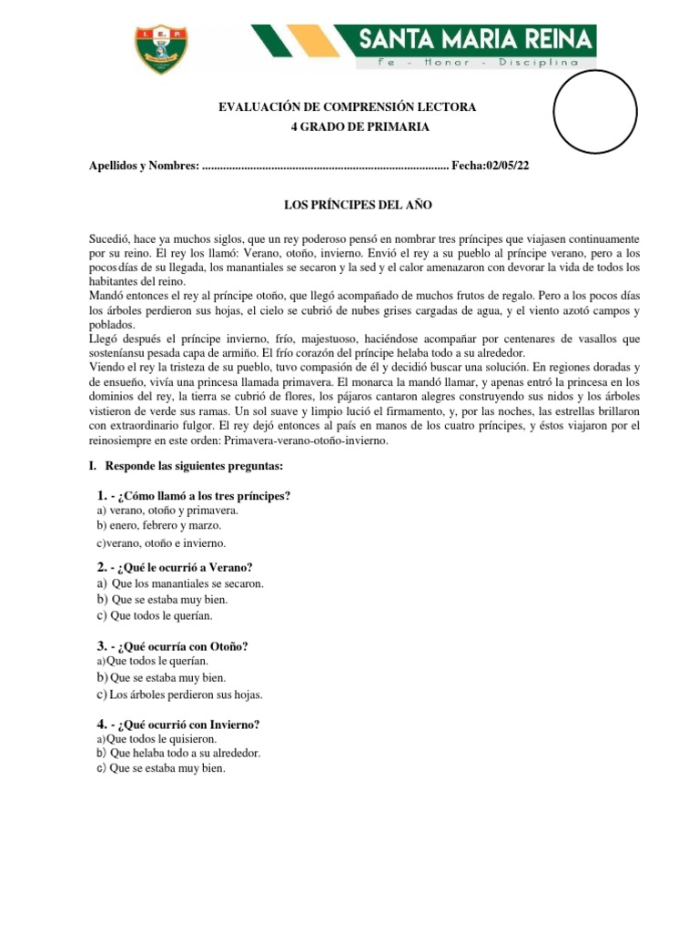 Evaluación de Comprensión Lectora | PDF
