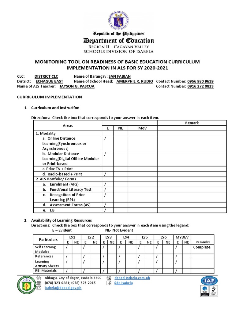 Monitoring Tool On Readiness of Basic Education Curriculum ...