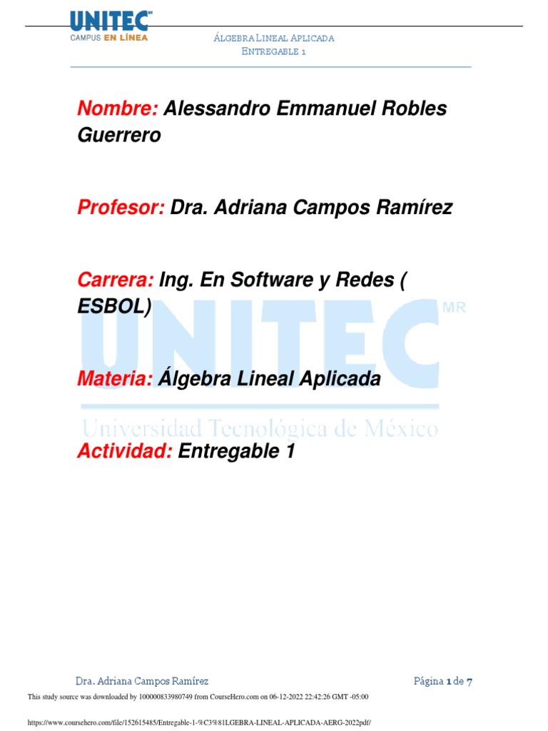 Entregable 1 LGEBRA LINEAL APLICADA AERG 2022 PDF | PDF | Álgebra lineal | Análisis matemático