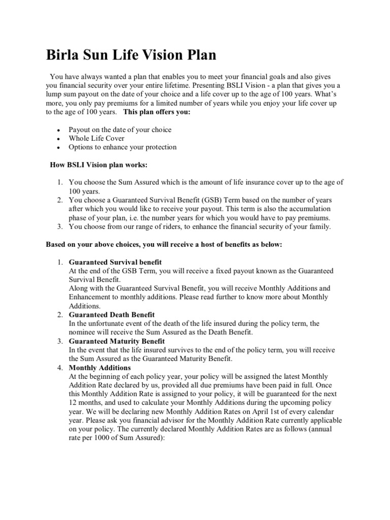 Birla Sun Life Vision Plan | PDF | Insurance | Financial Risk