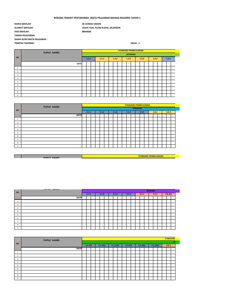 Rekod Transit Bi Y1 - Y6 SK Sungai Udang | PDF