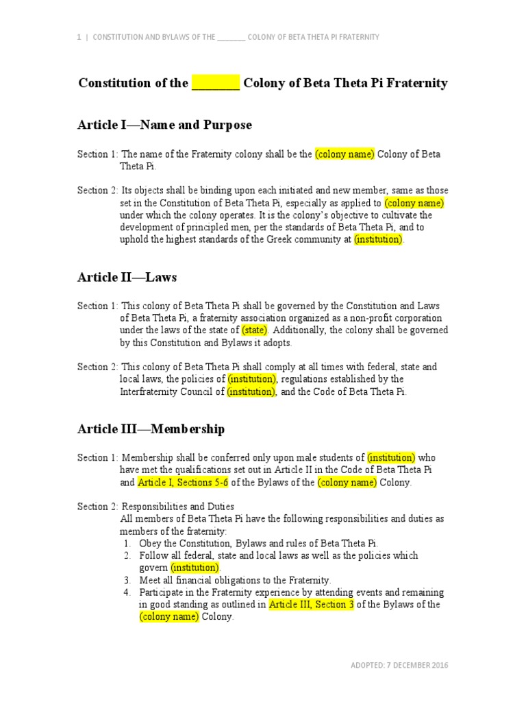 Beta Theta Pi Colony Constitution & Bylaws | PDF | Fraternities And ...