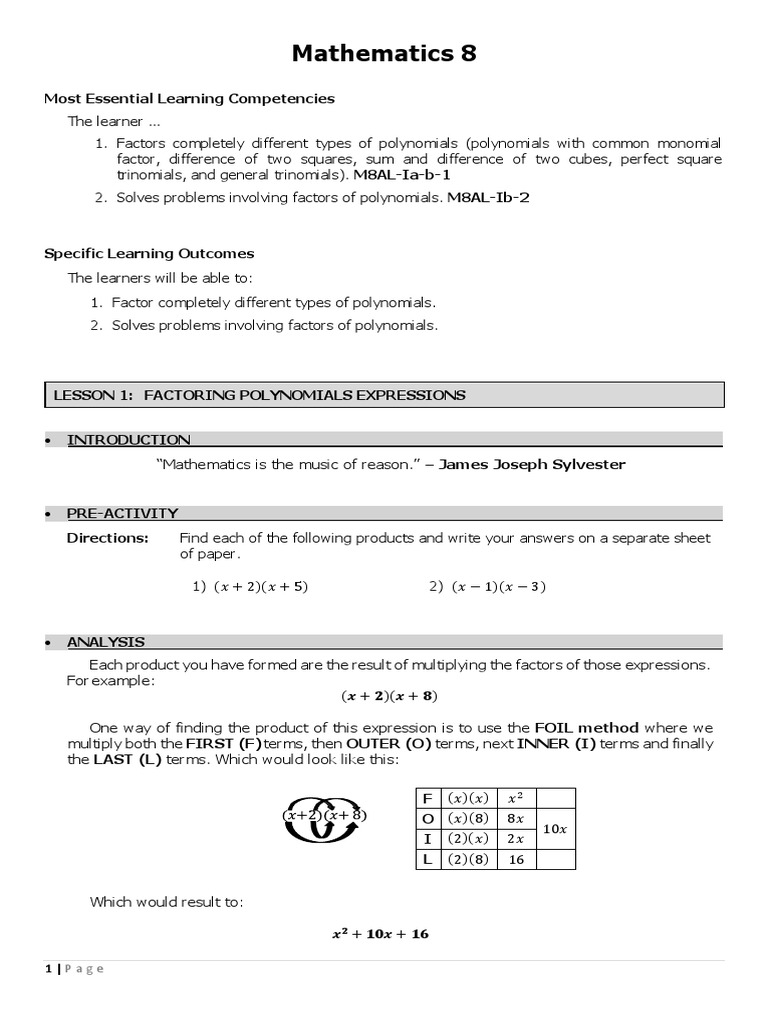 Mathematics 8: Most Essential Learning Competencies | PDF | Factorization | Mathematical Concepts