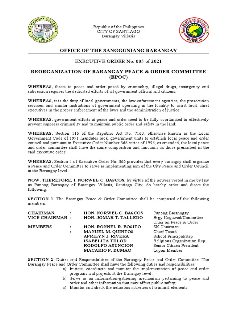Office of The Sangguniang Barangay: EXECUTIVE ORDER No. 005 of 2021 ...