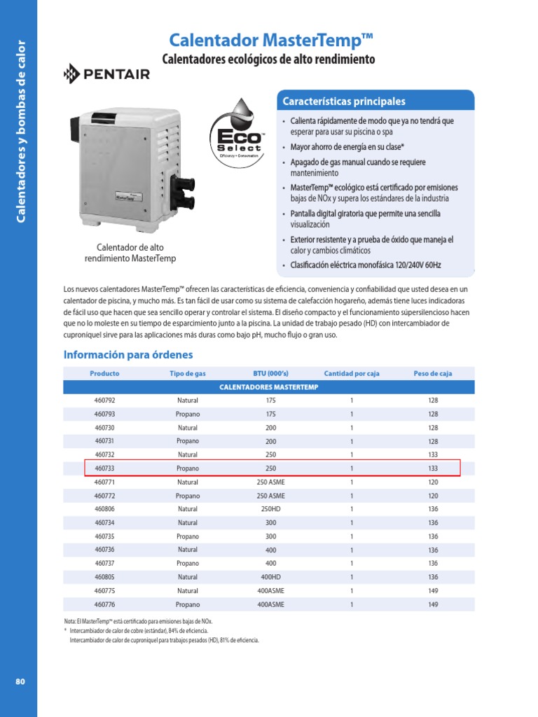 Calentador Master Temp 250,000btu | PDF | Bomba de calor | Uso ...