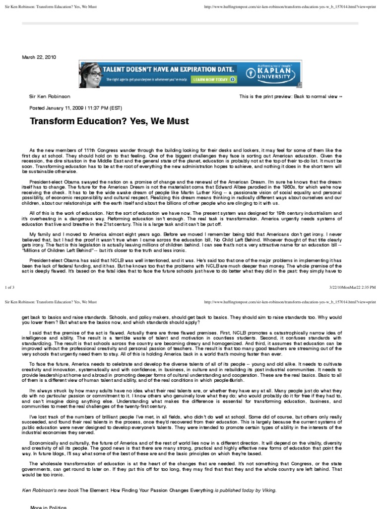 Transforming American Education Now | PDF | No Child Left Behind Act ...