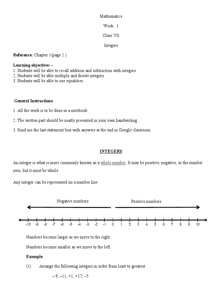 Worksheet 1 INTEGERS | PDF | Numbers | Integer