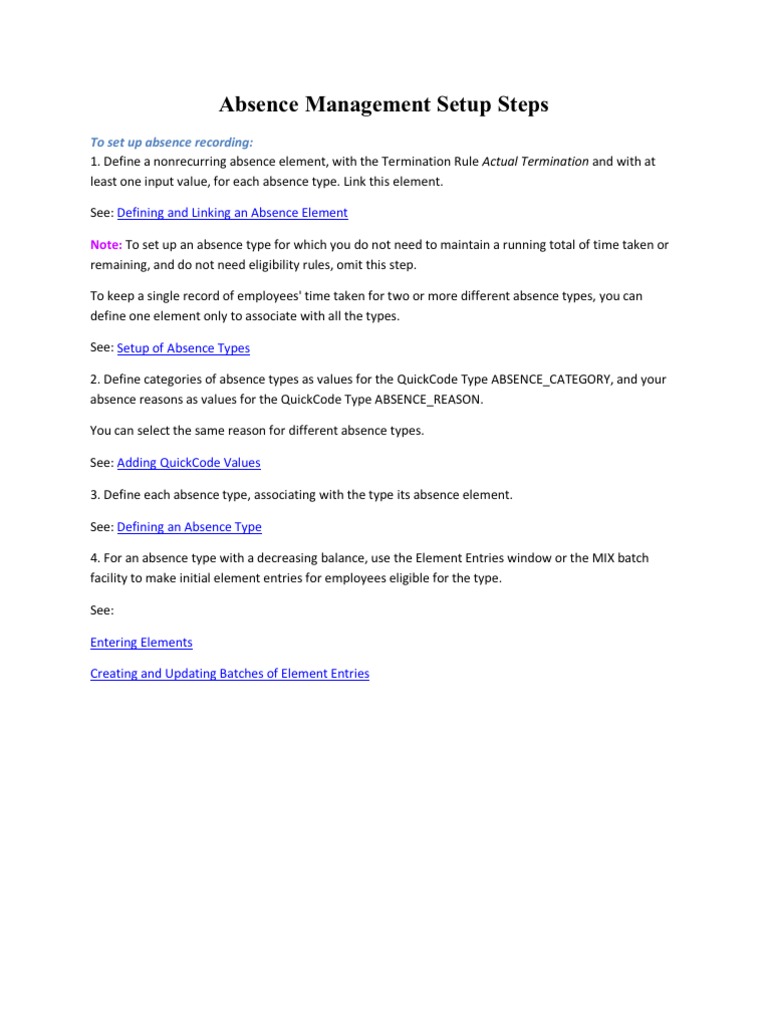 Absence Management Setup Steps | PDF | Accrual | Payroll