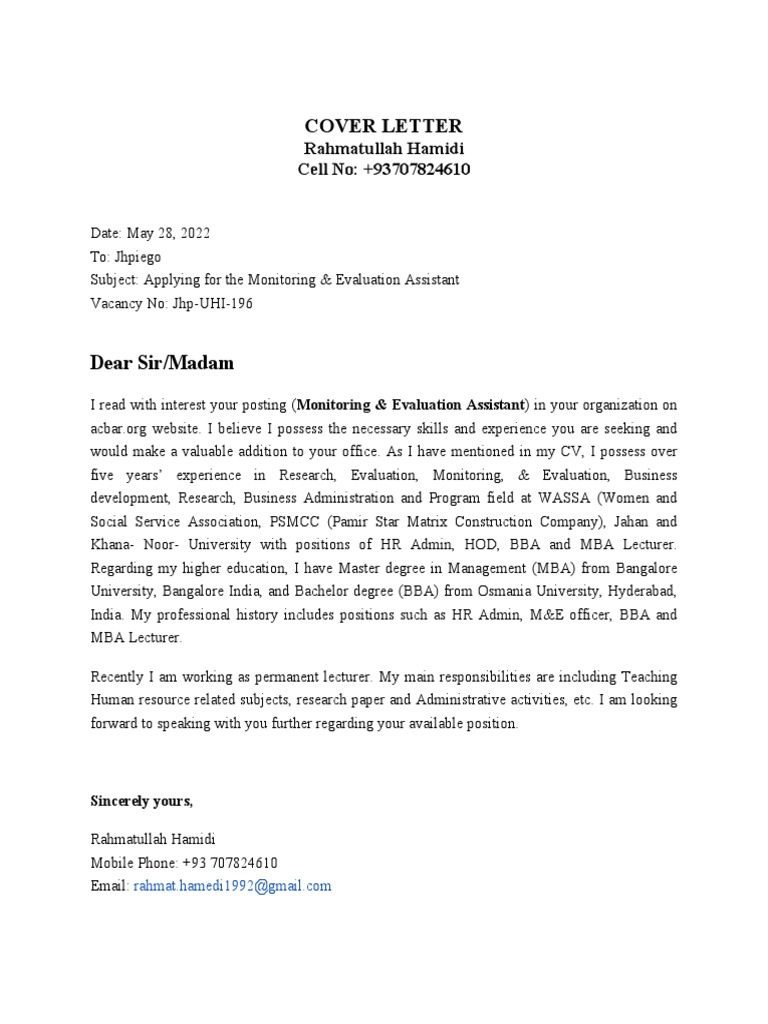 Cover Letter: Rahmatullah Hamidi Cell No: +93707824610 | PDF