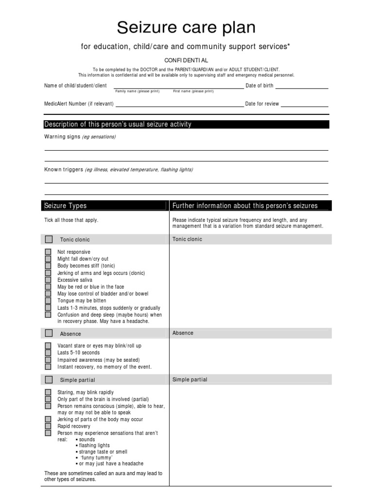 Seizure Care Plan Template | PDF | Epilepsy | Neurological Disorders