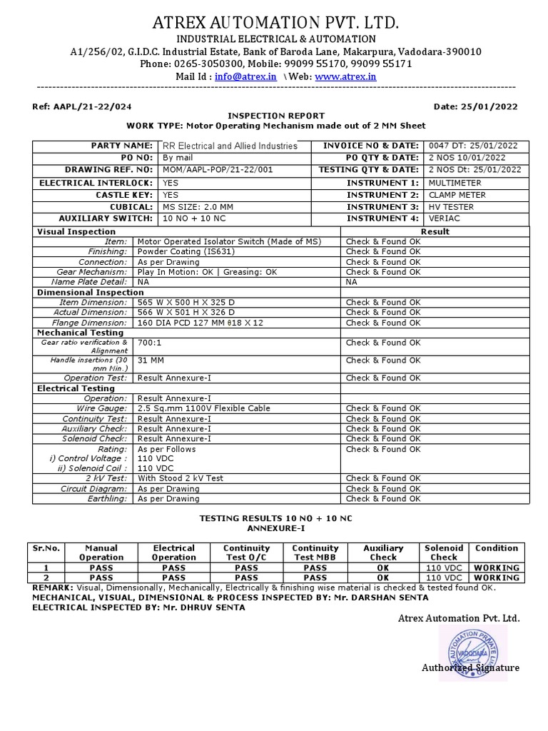 Ref. 024 Inspection Report RR | PDF | Equipment | Electrical Components