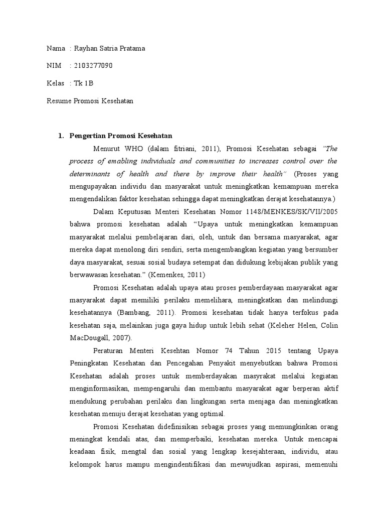 Resume Promosi Kesehatan - Rayhan Satria Pratama - 2103277090 | PDF ...