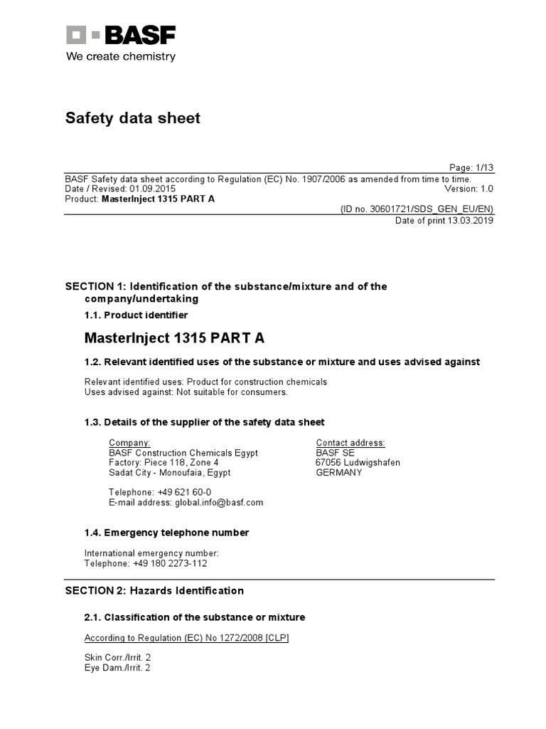 Safety Data Sheet for MasterInject 1315 PART A | PDF | Toxicity ...