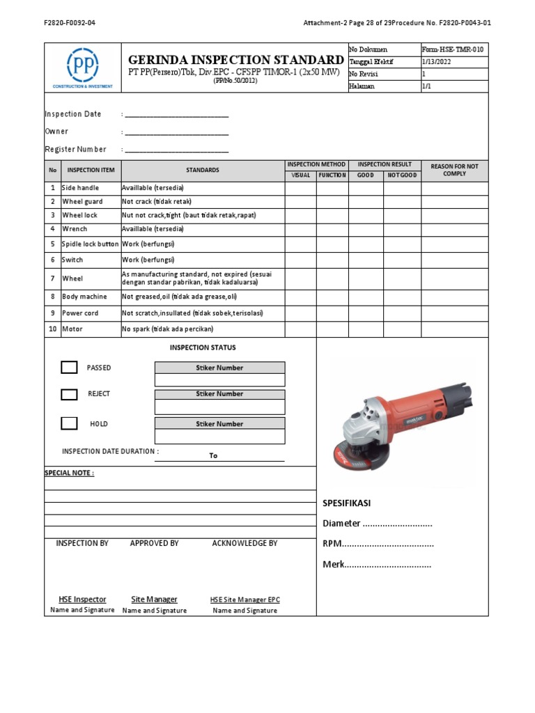 10. Form-HSE-TMR-010 Gerinda Inspection | PDF | Mechanical Engineering ...