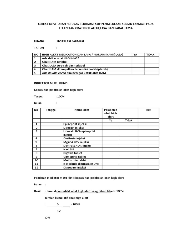 CEKLIST KEPATUHAN PETUGAS TERHADAP SOP PENGELOLAAN SEDIAN FARMASI PADA ...
