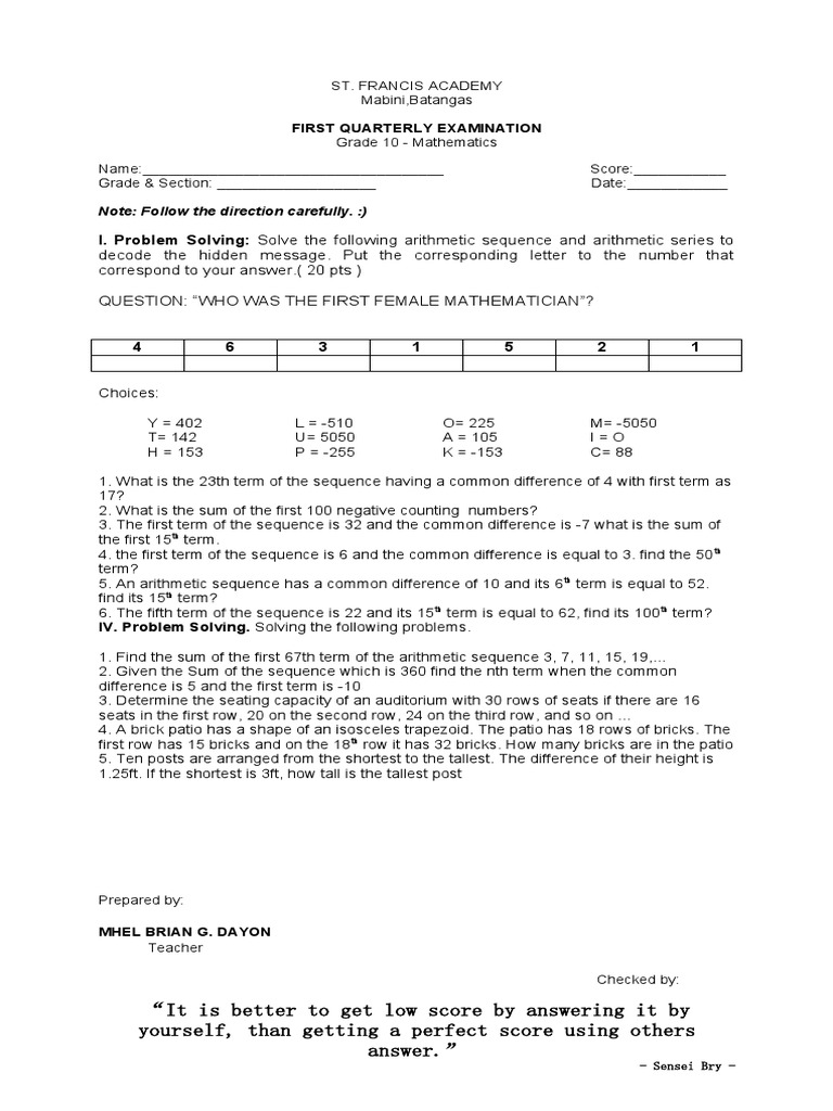I. Problem Solving: Solve The Following Arithmetic Sequence and Arithmetic Series To | PDF ...