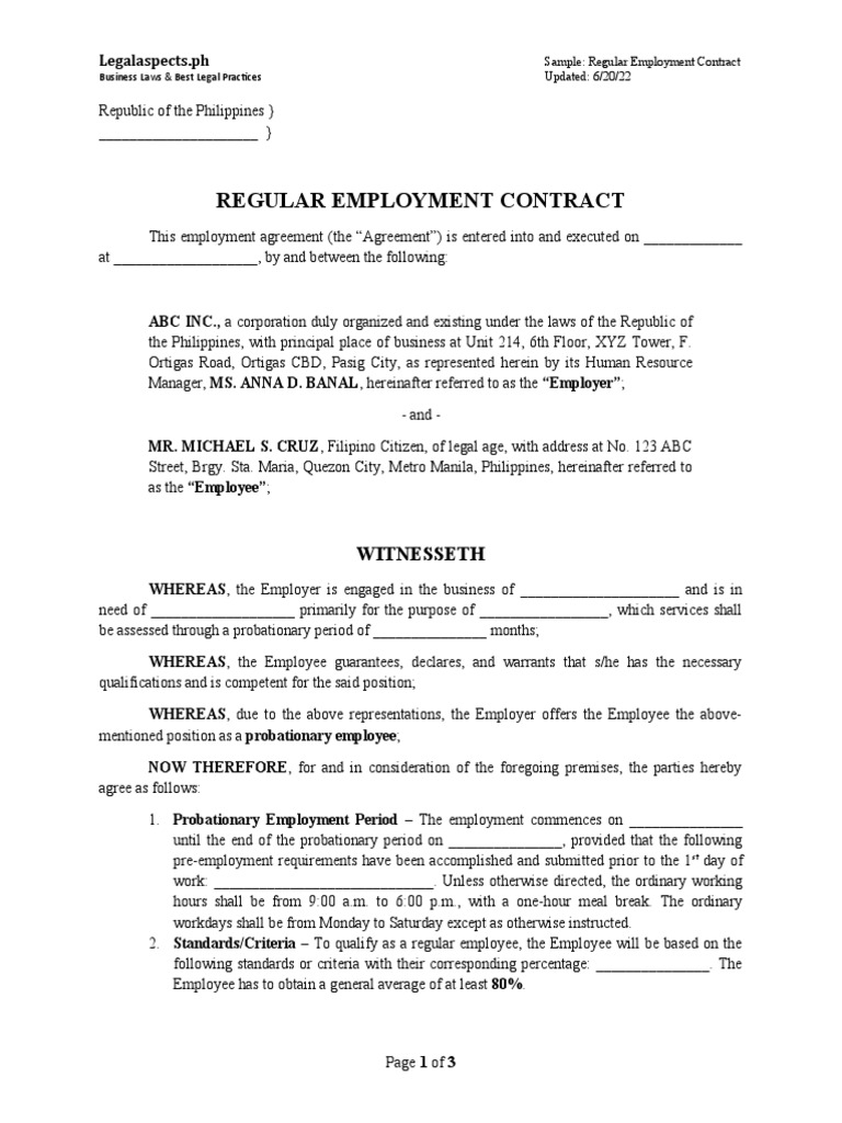 Sample - Probationary Employment Contract - Legalaspects - PH | PDF ...