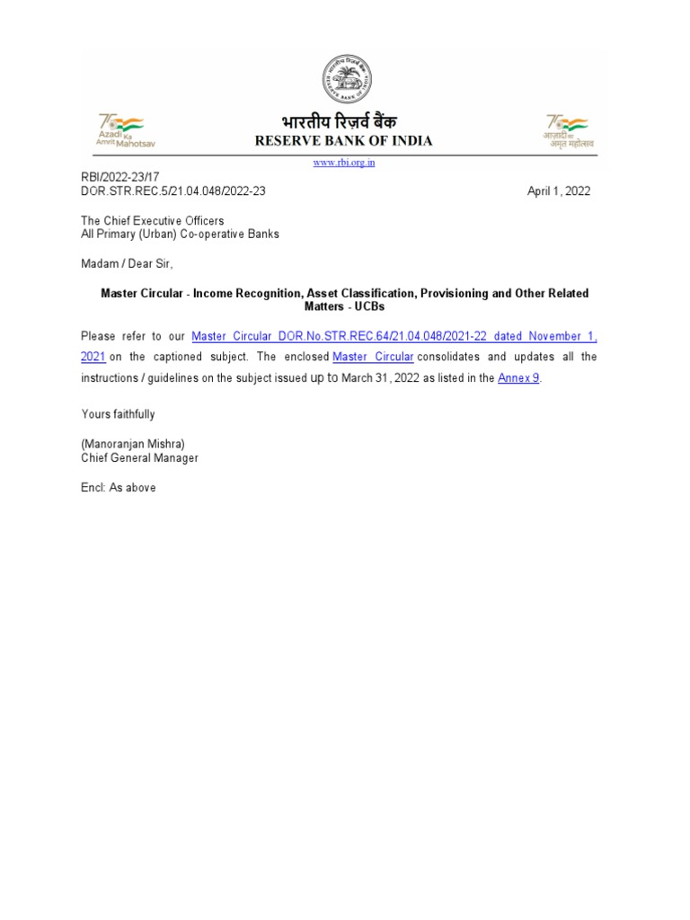 Master Circular - Income Recognition, Asset Classification, Provisioning and Other Related ...