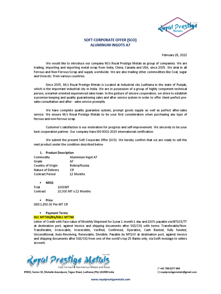 Soft Corporate Offer (Sco) Aluminum Ingots A7 | PDF | Letter Of Credit ...