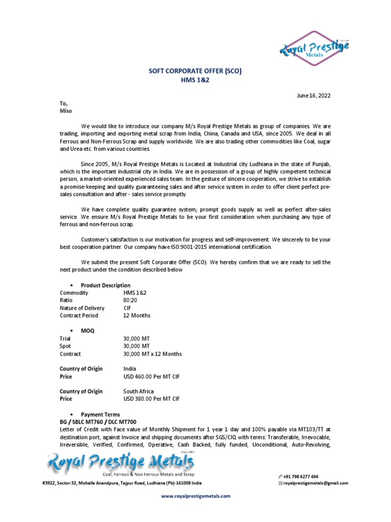 Soft Corporate Offer (Sco) HMS 1&2: To, Miso | PDF | Letter Of Credit ...