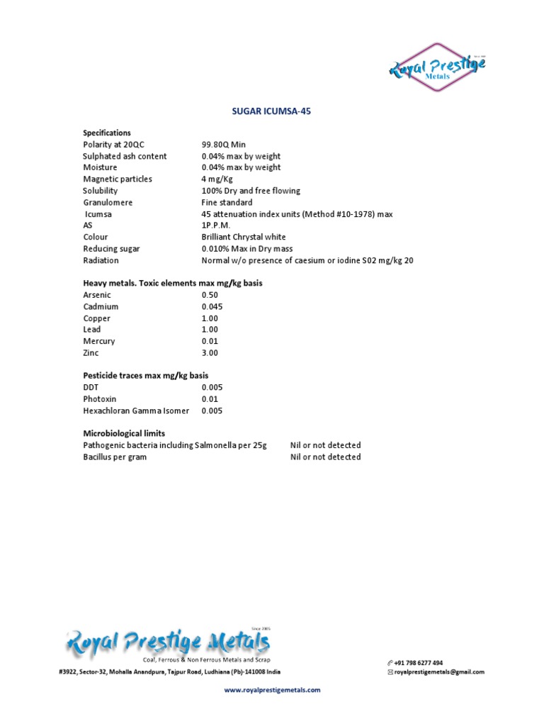Sugar Icumsa 45 Specifications | PDF
