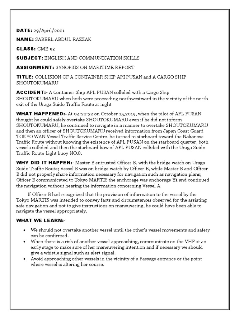 Maritime Collision Report Synopsis | PDF | Navigation | Ships