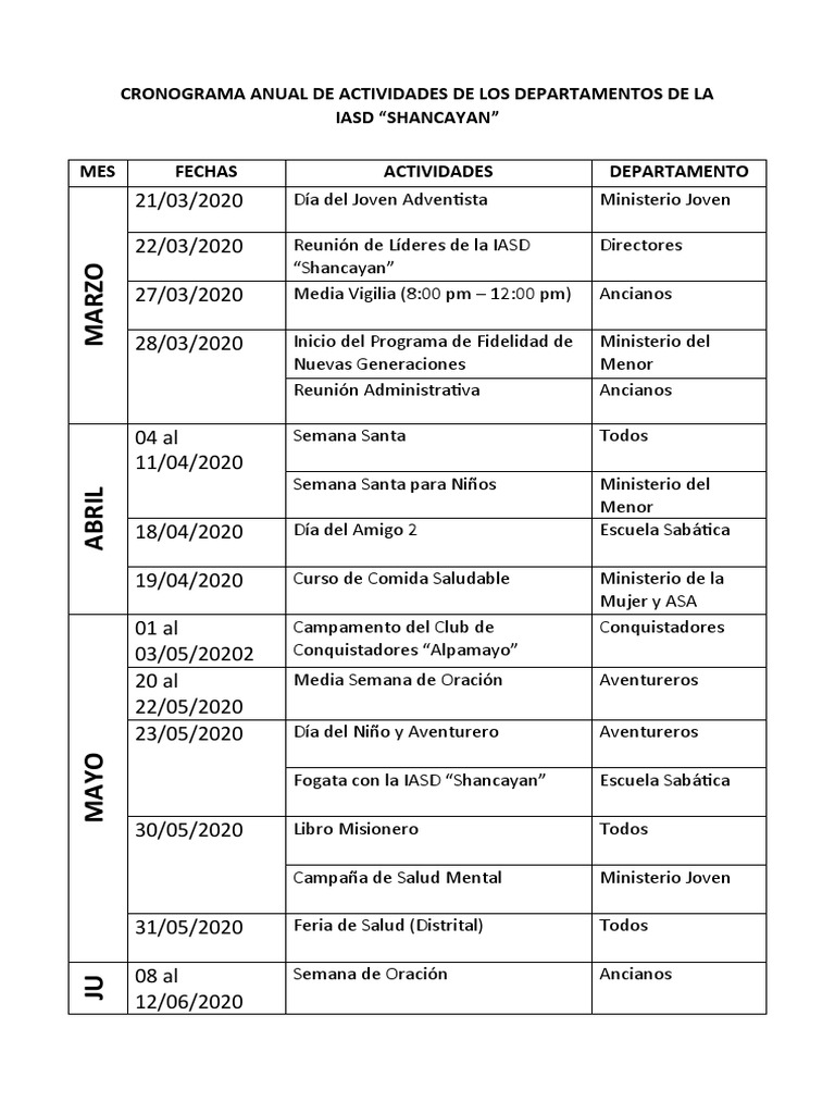 Cronograma de Actividades de Iglesia | PDF