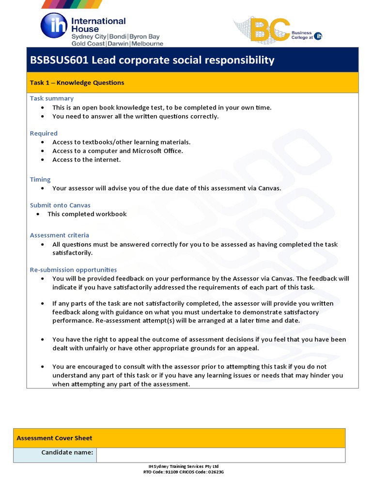 Bsbsus601 Task 1 v1 | PDF | Corporate Social Responsibility | Business
