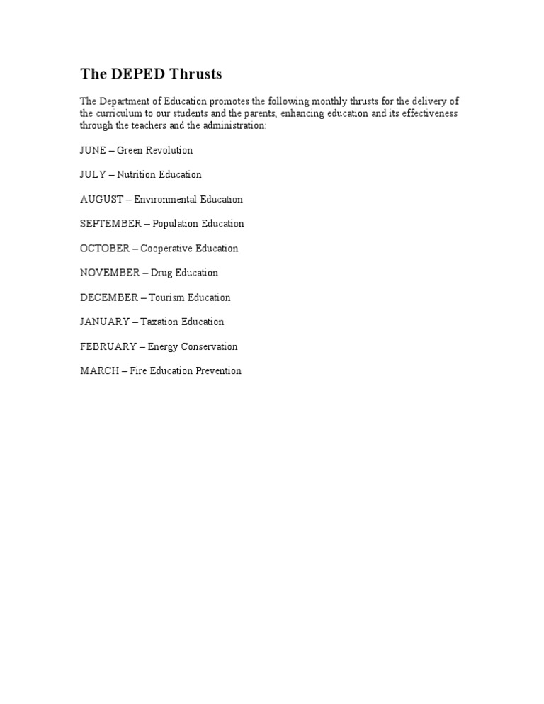 The DEPED Thrusts | PDF | Natural Environment | Further Education