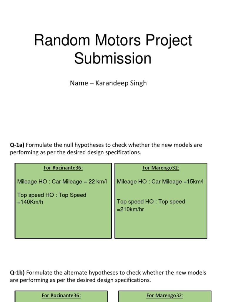 Random Motors Project Hypothesis Testing | PDF | P Value | Null Hypothesis