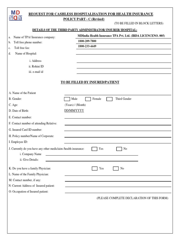 MD India - Pre Auth Form | PDF | Insurance | Hospital