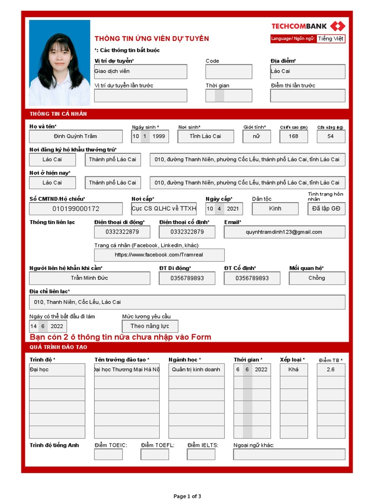 Mau CV Techcombank | PDF