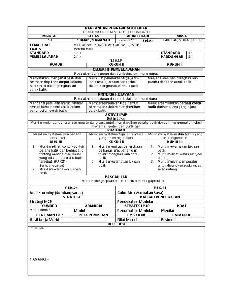 Contoh RPH Pendidikan Seni Visual | PDF