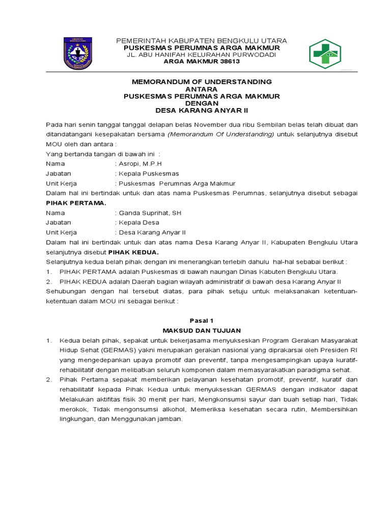 MOU Puskesmas dan Desa Karang Anyar II | PDF