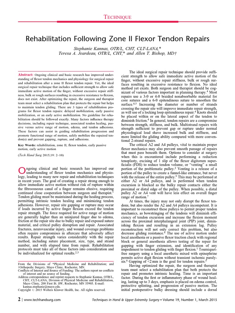 Rehabilitation Following Zone II Flexor Tendon Rep | PDF | Anatomical ...