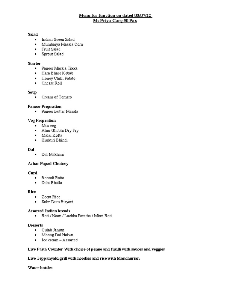 Menu For Function On Dated 31 | PDF