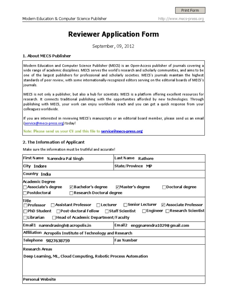Reviewer Application Form: September, 09, 2012 | PDF | Computer Science ...
