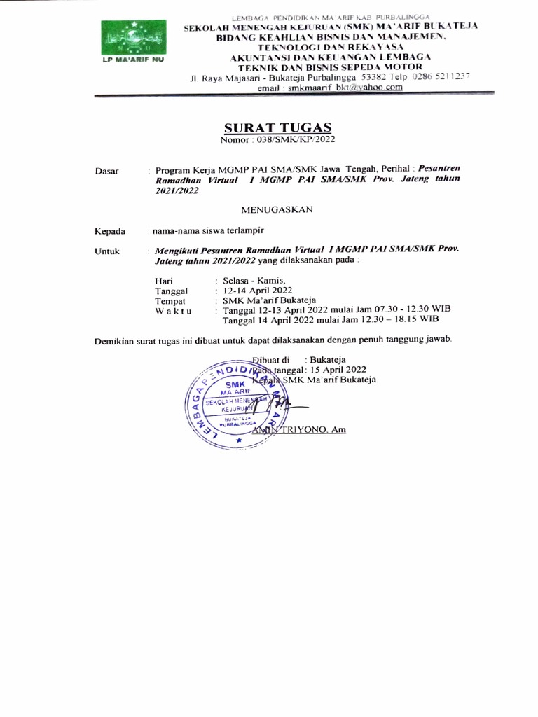 Scan Surat Tugas Pesantren Kilat | PDF