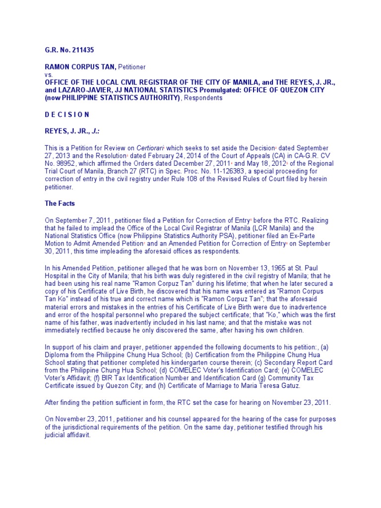 Tan vs. LCR | PDF | Appeal | Birth Certificate