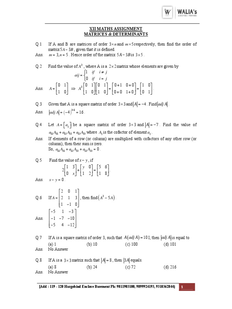 Matrices & Determinants Worksheet | PDF | Matrix (Mathematics ...