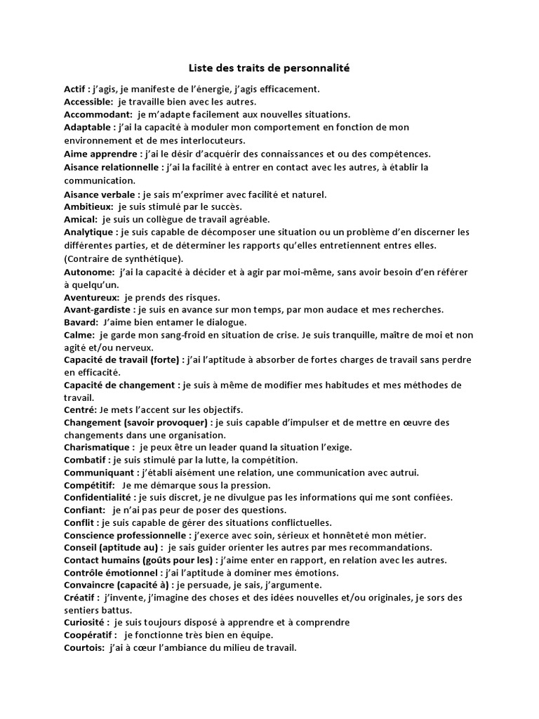Liste des traits de personnalité | PDF | la communication | Négociation